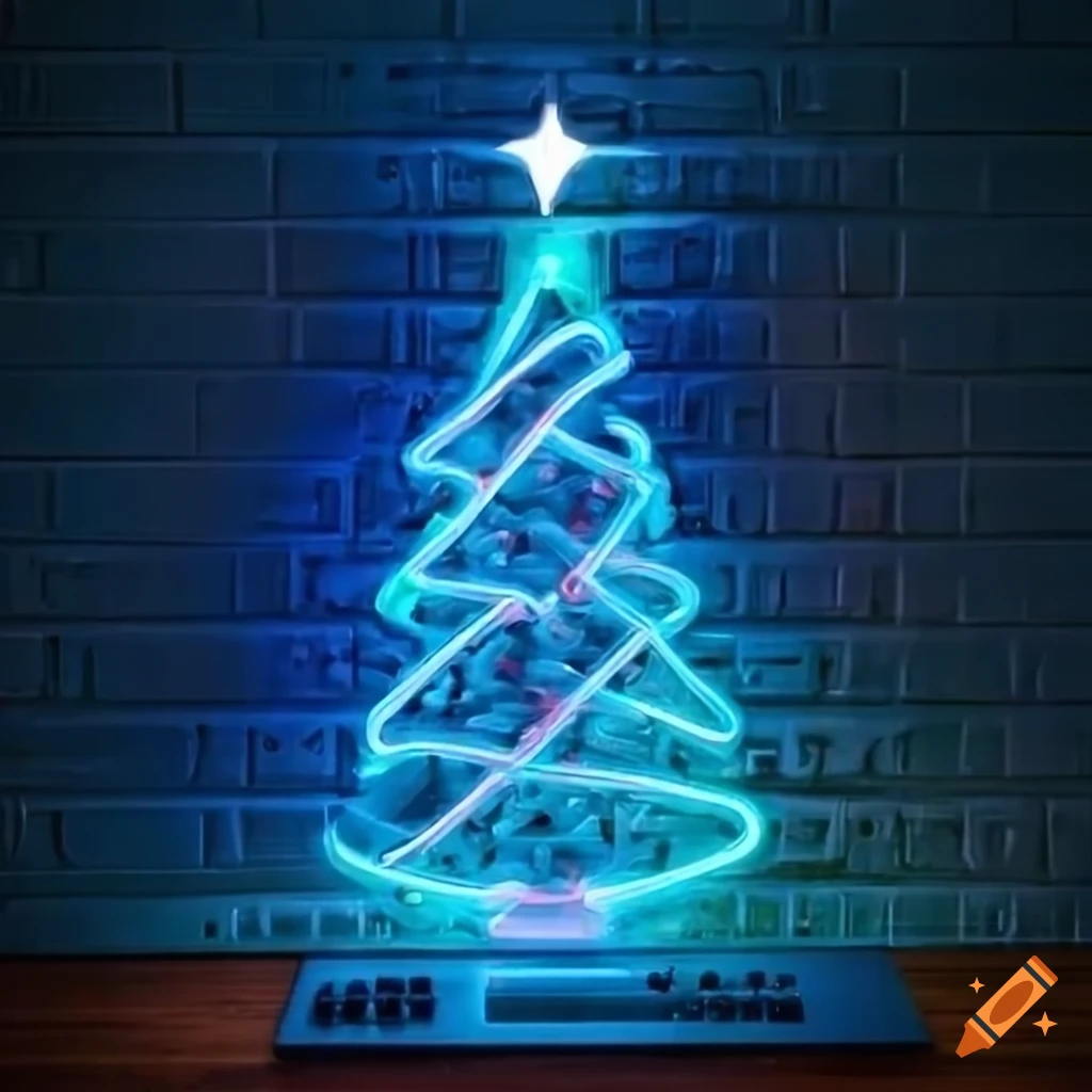 Blue Christmas tech tree with computer and neon sign "RIGHT PLAN" on ...