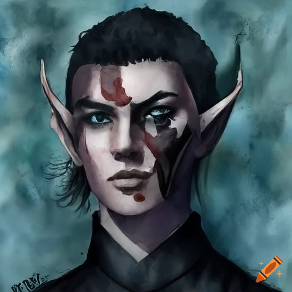 Elf mage with scar over eye and dark clothes on Craiyon