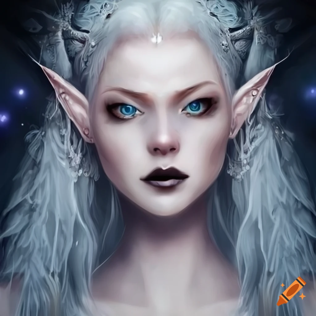 Mystical ethereal elf queen with white hair and piercing black eyes on ...