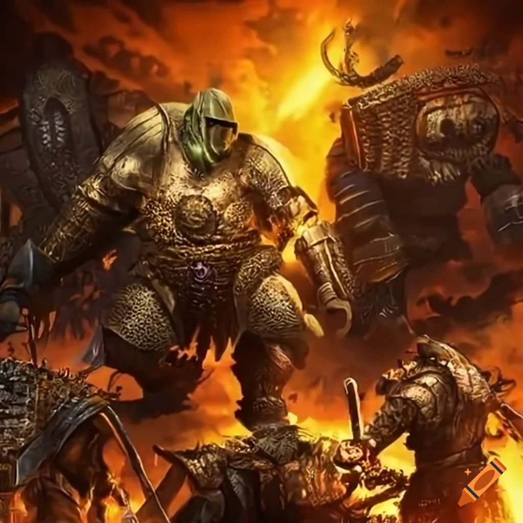 Epic battle scene with gold armored knights fighting angry orcs on Craiyon