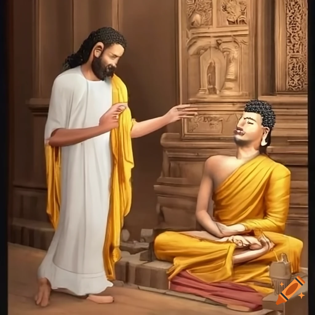 Artistic depiction of Jesus Christ meeting Lord Buddha in modern India ...