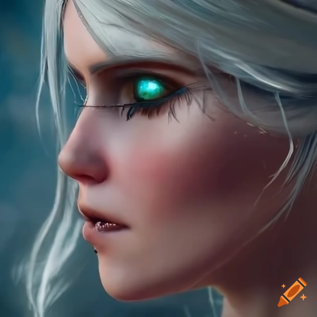 Ciri from the witcher saga in a heavenly setting on Craiyon