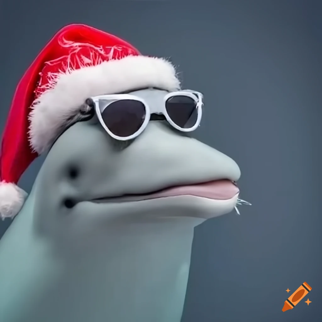 Beluga whale wearing a Santa hat and sunglasses on Craiyon