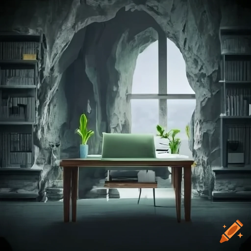 Office with desk, armchair, and bookshelf in a stone cave with green ...