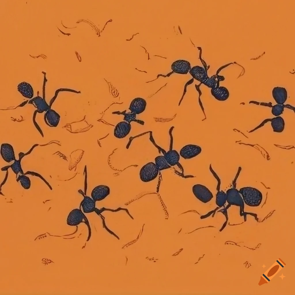 Ants gathering around a dinosaur footprint on paper in linocut style on ...