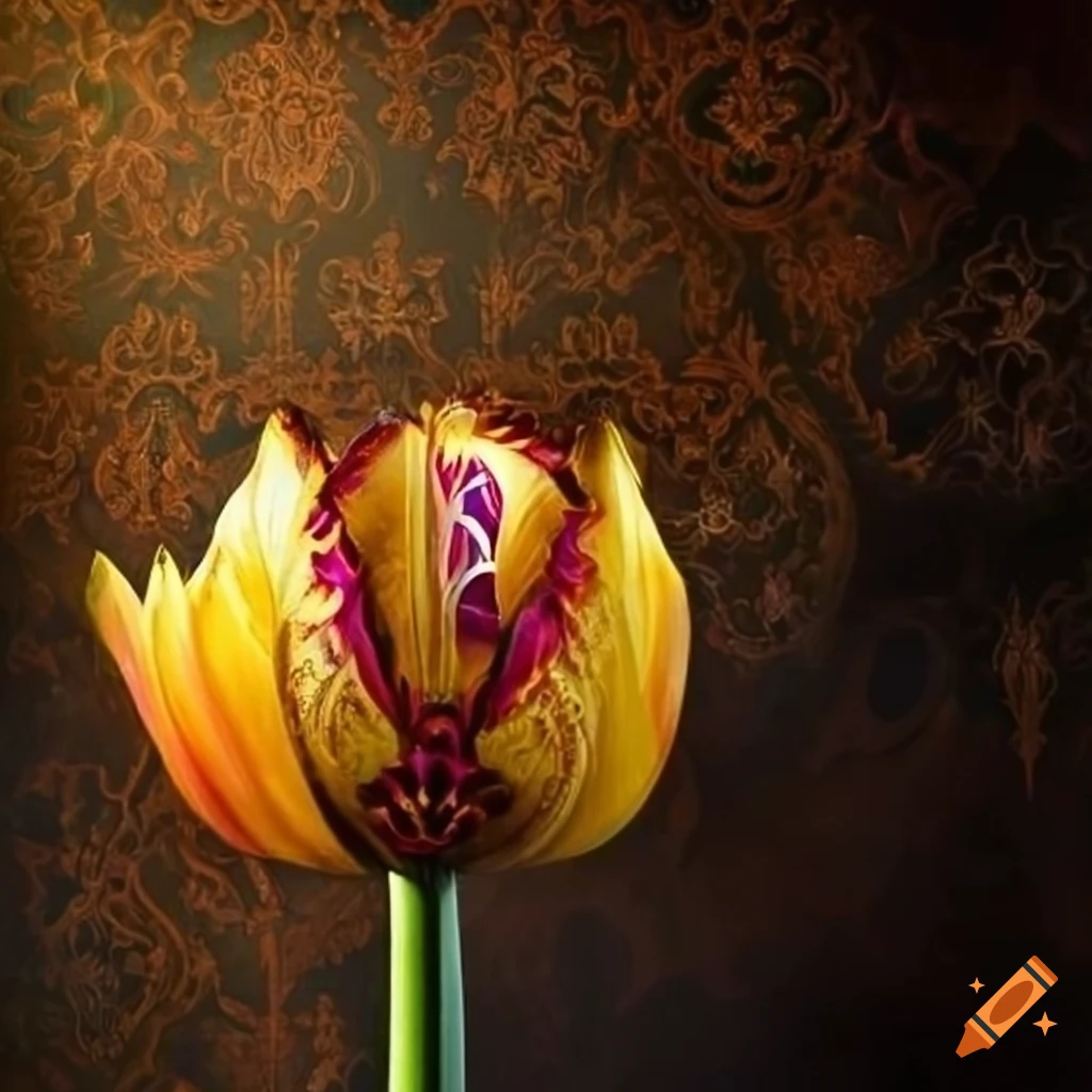 Magical golden ornate gothic Dutch tulip surrounded by Dutch symbols on ...