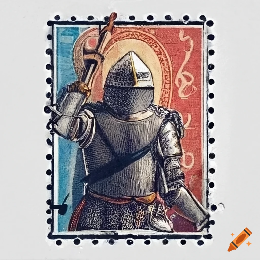 Medieval knight depicted on a postage stamp on Craiyon