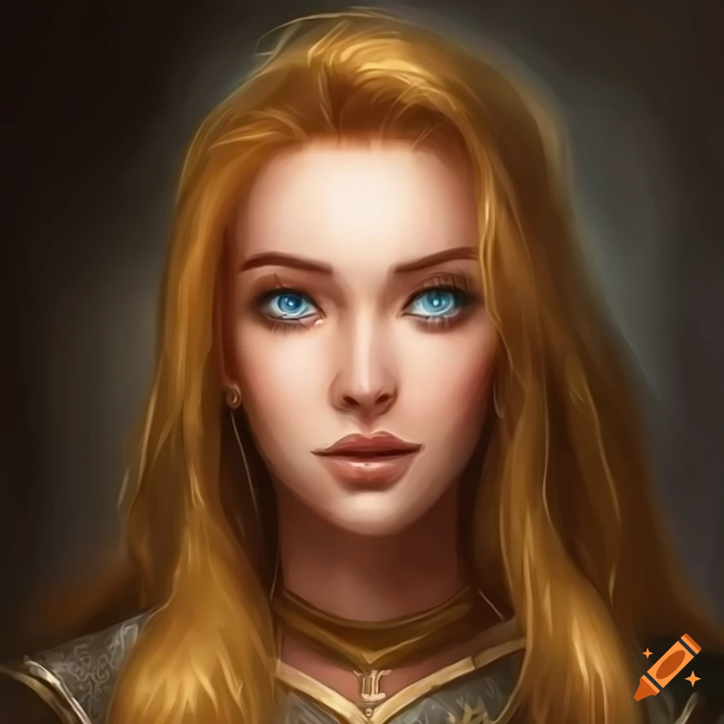 Strong and noble woman with piercing blue eyes and long golden hair in ...