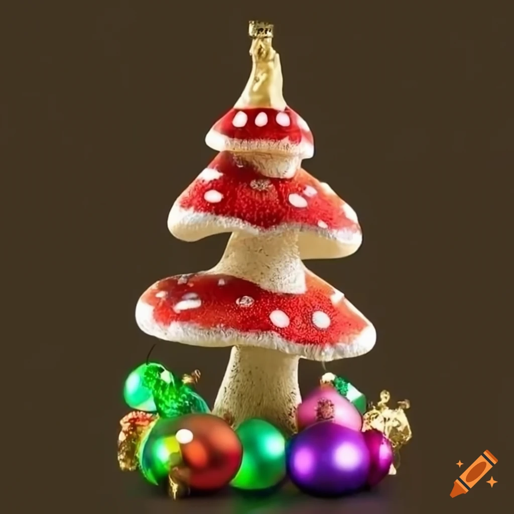 Christmas tree made of mushrooms with shiny ornaments on Craiyon