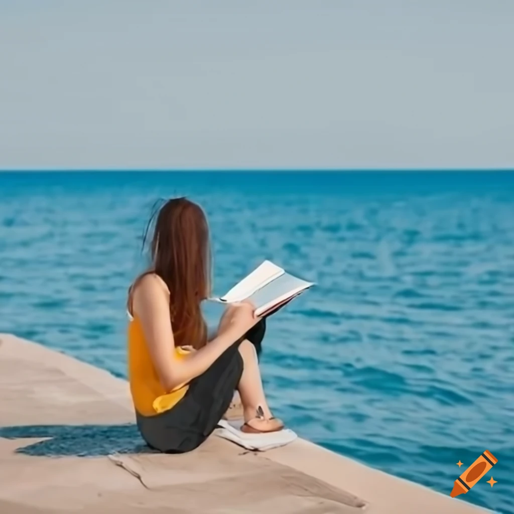 Girl reading a book near the sea on Craiyon