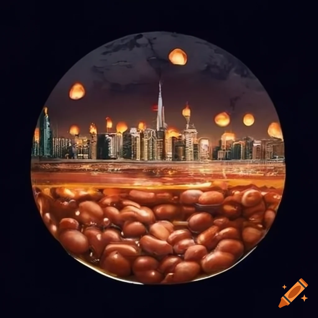 City landscape made of baked beans on Craiyon