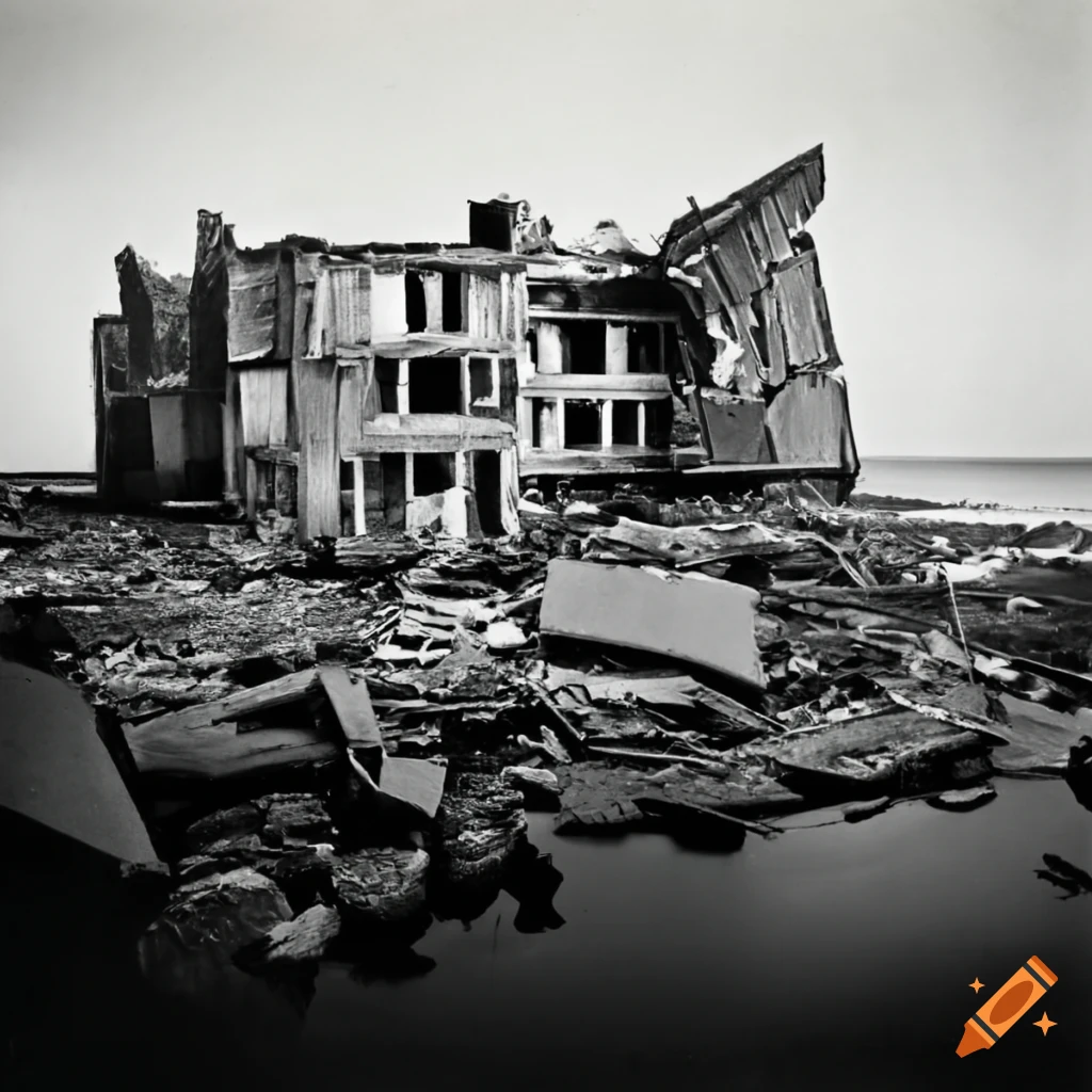 Black and white 1930s art of broken buildings and homes crashing into ...