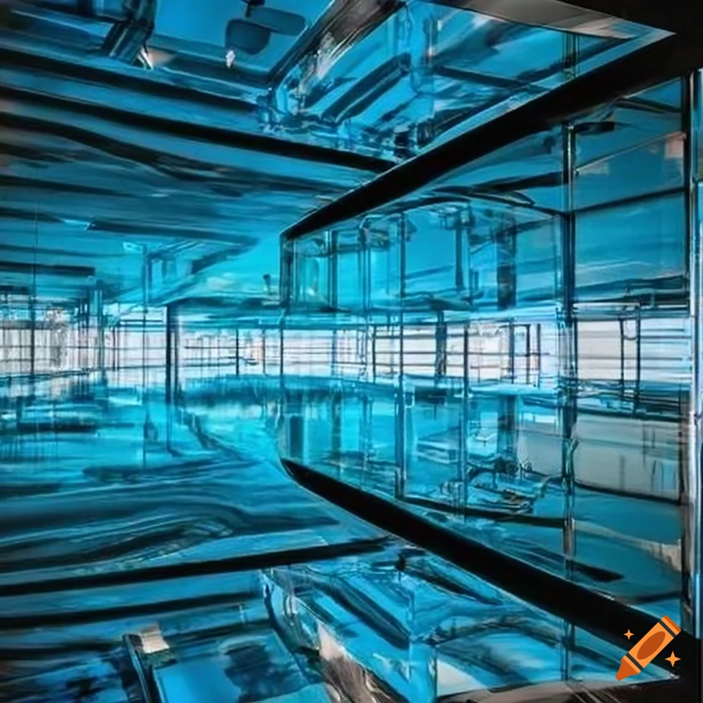 Dreamy room with glass walls reflecting faint images on Craiyon