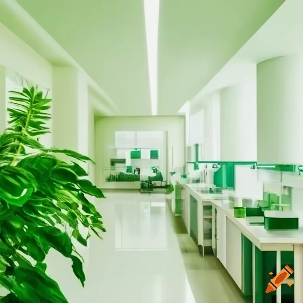 Medical laboratory clinic lobby with indoor plants and muted green ...