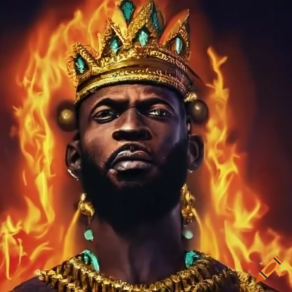 Powerful African God in golden robes seated on a volcanic throne on Craiyon