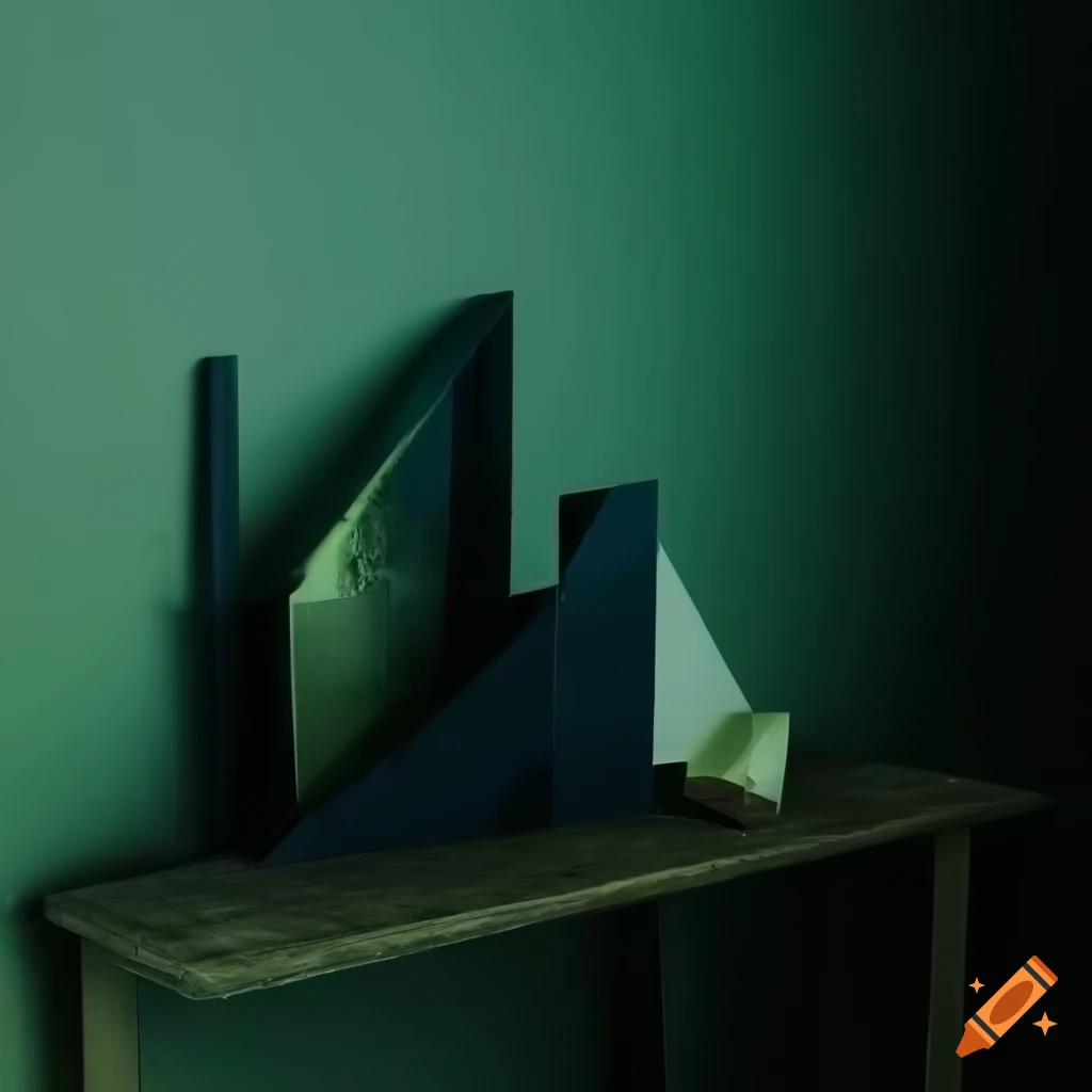 Unique solid and geometric objects on shelf in an old dark hotel room ...
