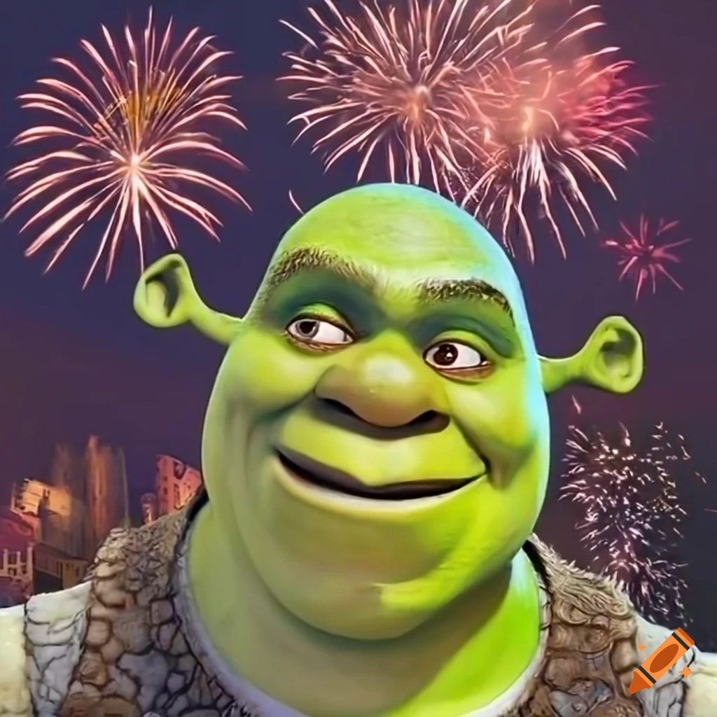 Shrek celebrating new year with beautiful fireworks in the background ...