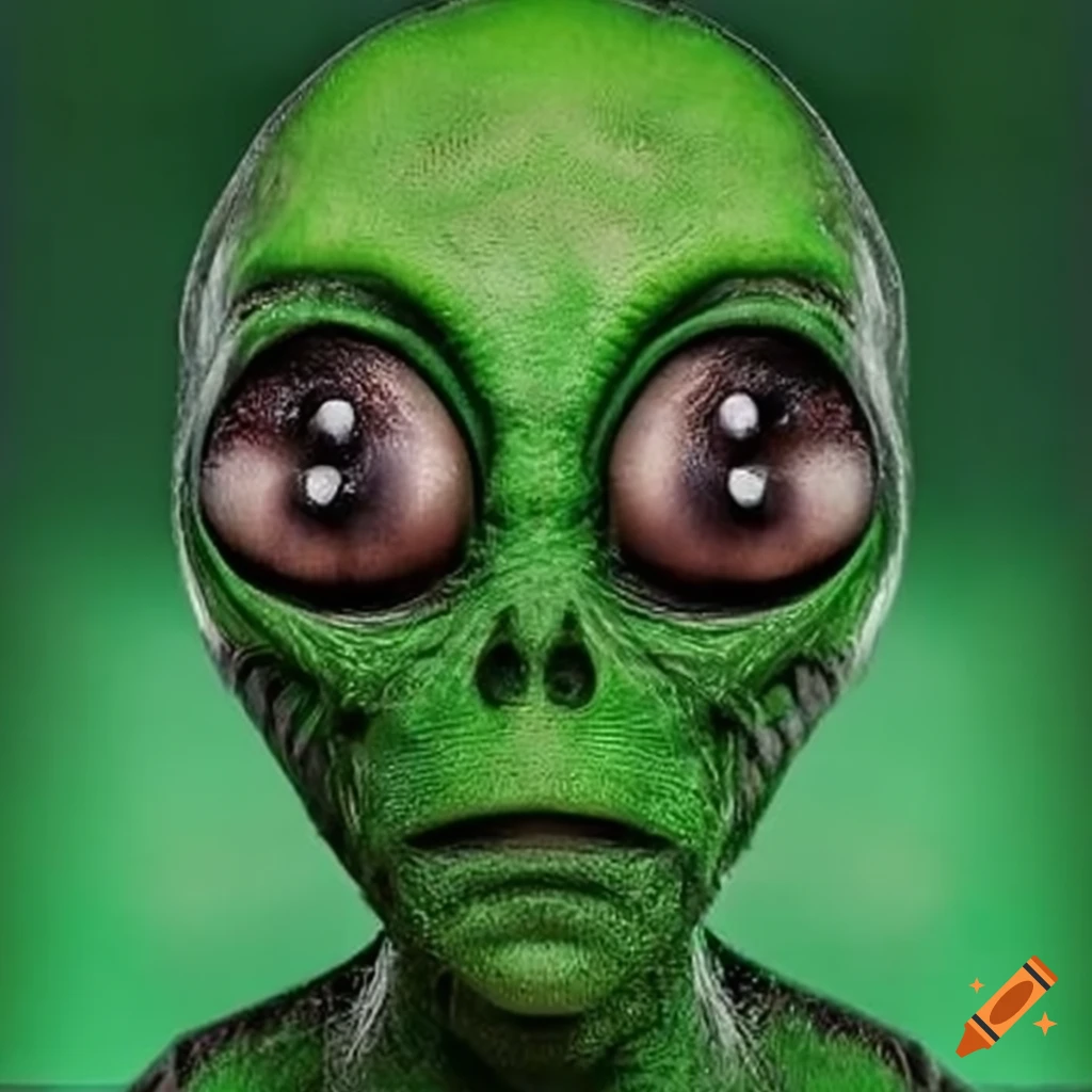 Green alien expressing fear and self-protection on Craiyon