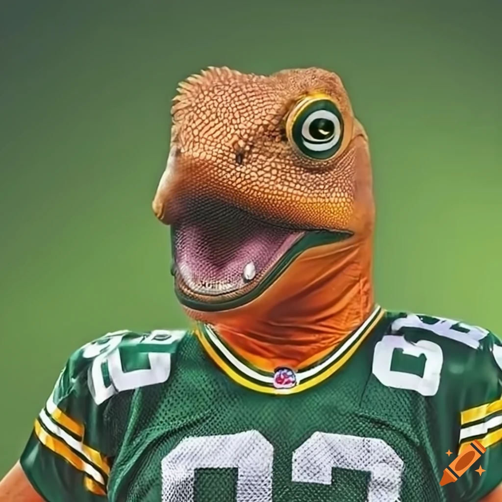Green and orange lizard in green bay packers uniform watching football ...