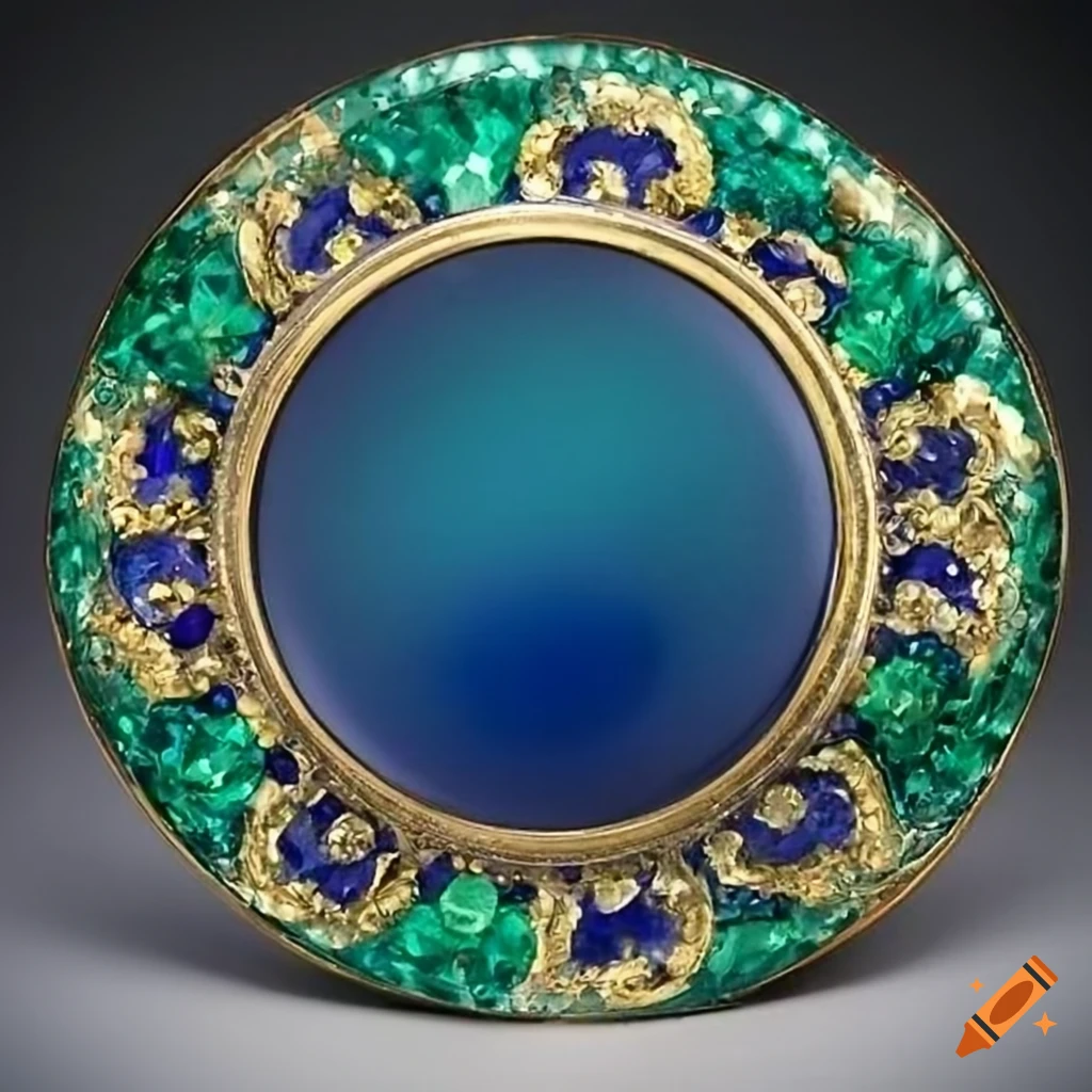 Round blue sapphire shield with churchill blue willow pattern in ...