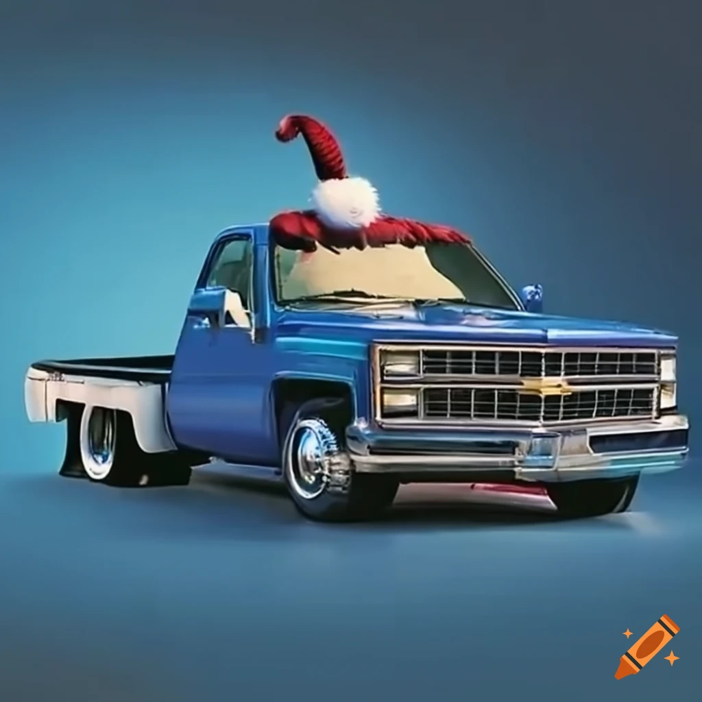 Santa driving a blue 1988 chevy flatbed dually on Craiyon
