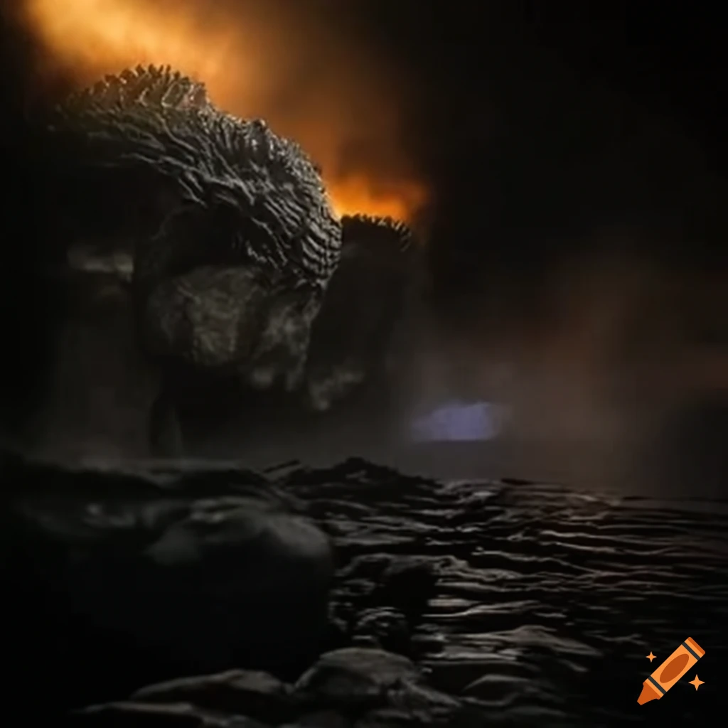 Godzilla attacking oppenheimer in a fictional scene on Craiyon