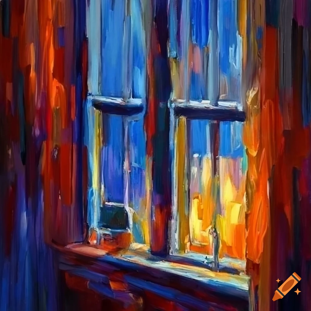 Open window with warm lamplight in a colorful oil painting on Craiyon