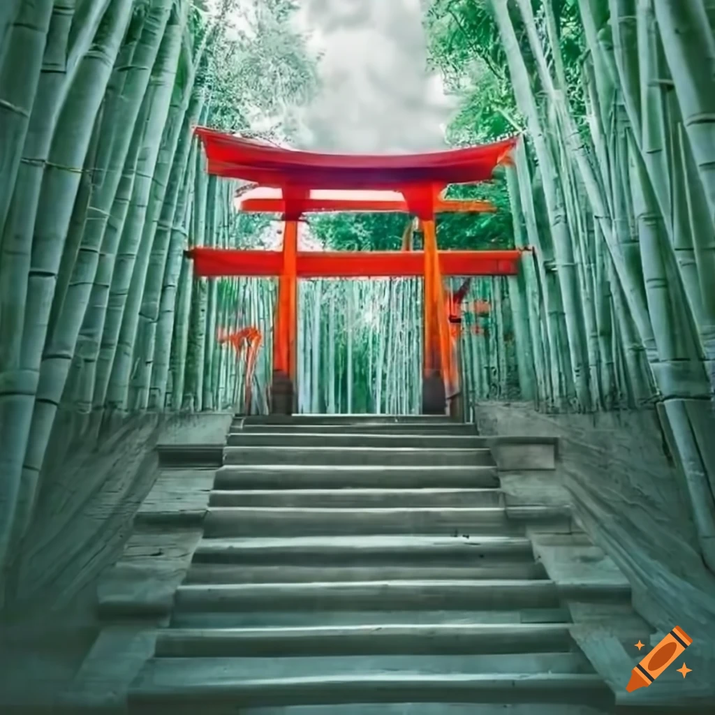 Staircase with red torii in front of white bamboo forest on Craiyon
