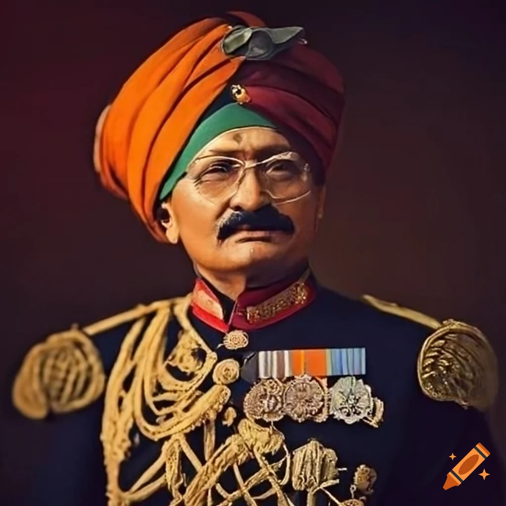 Contemplative Indian general in traditional saffron military uniform on ...