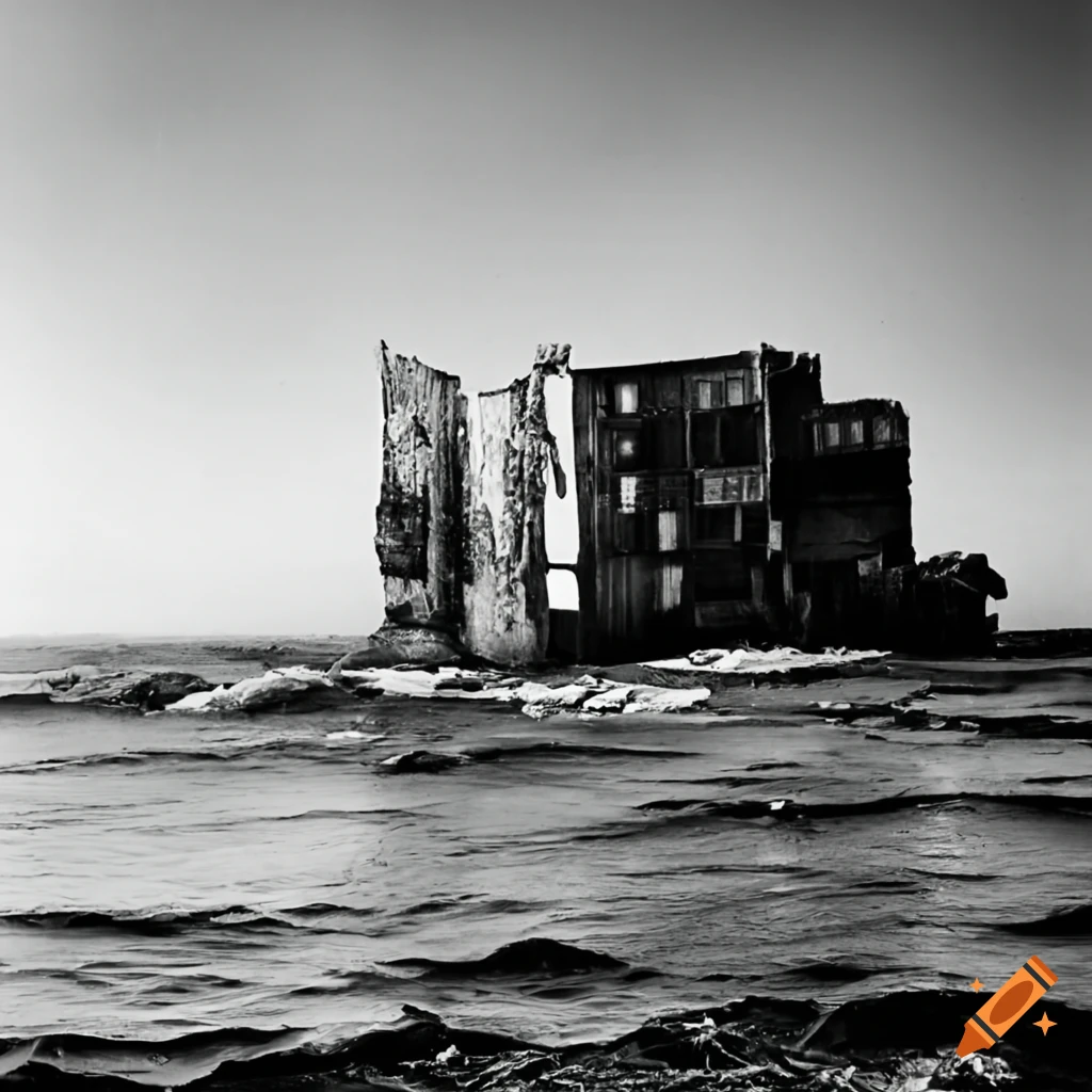 1930s black and white art of broken buildings and homes crashing into ...