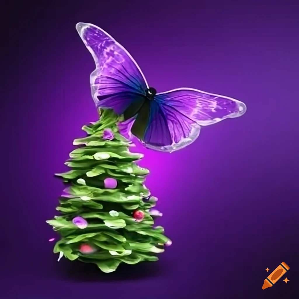 Christmas tree with a purple butterfly hovering on Craiyon