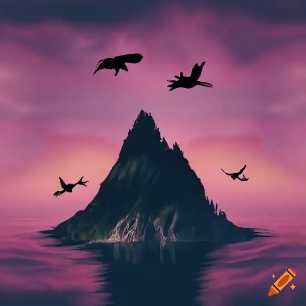 Group of crows flying over a mountain island in the style of Tim Burton ...