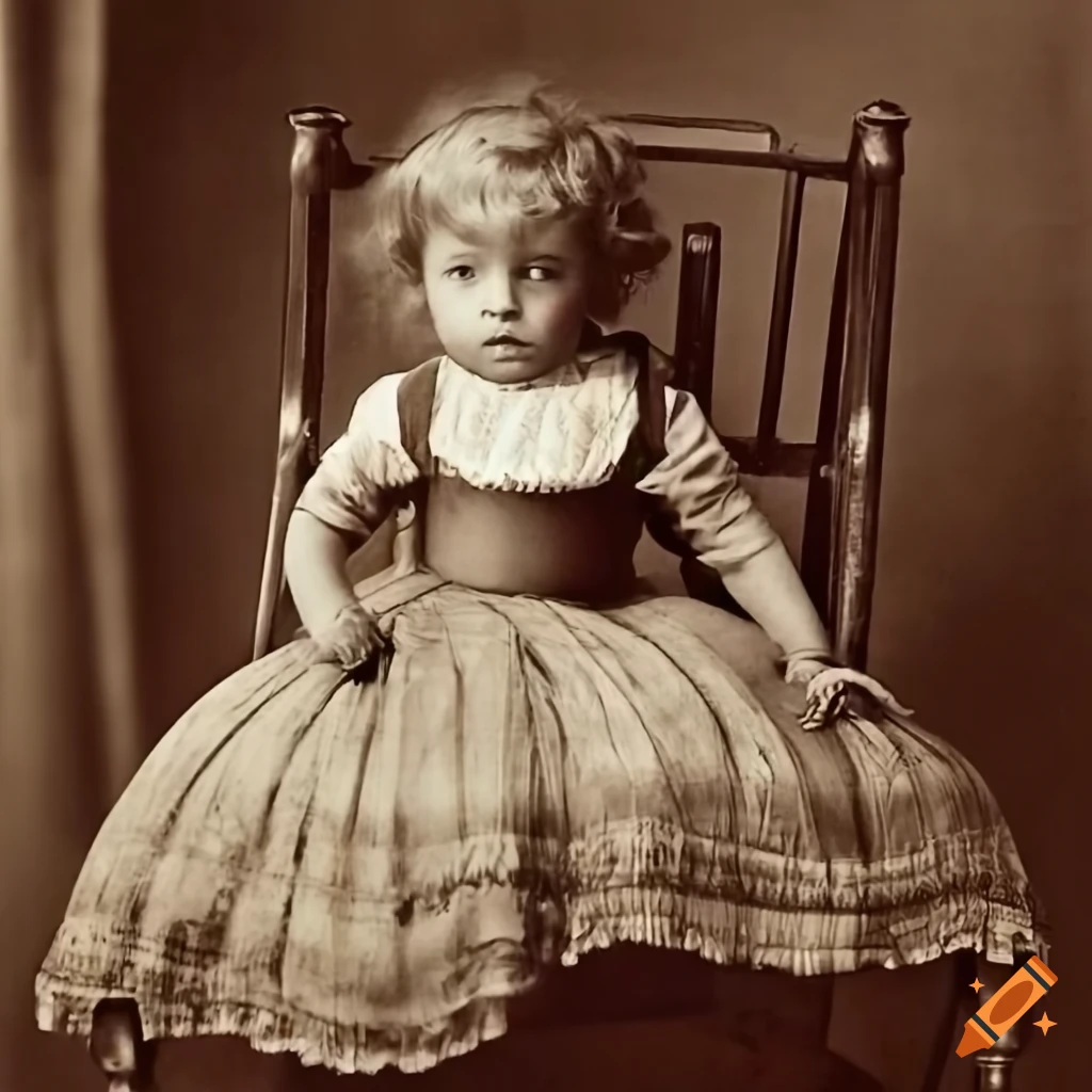 Victorian era children sitting on a chair in sepia photo on Craiyon