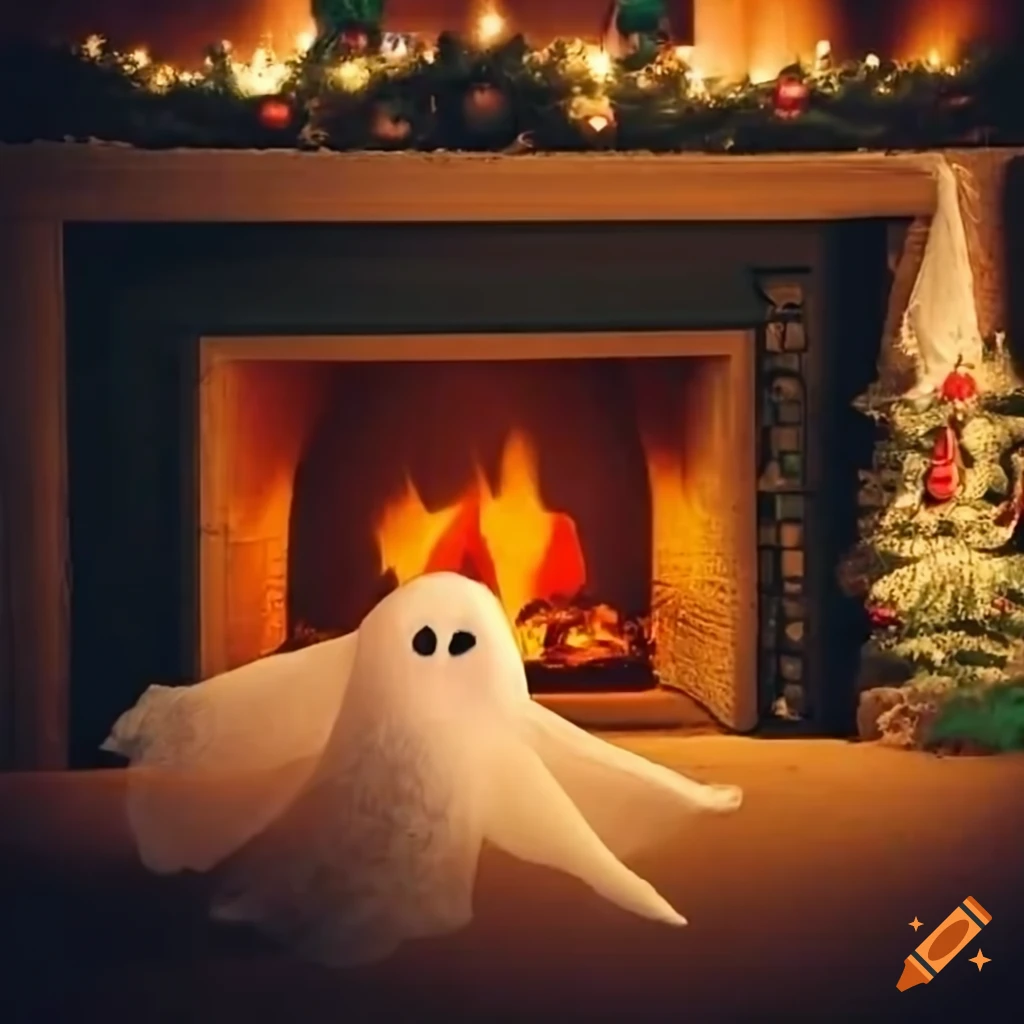 Festive ghost by the Christmas tree and fireplace on Craiyon