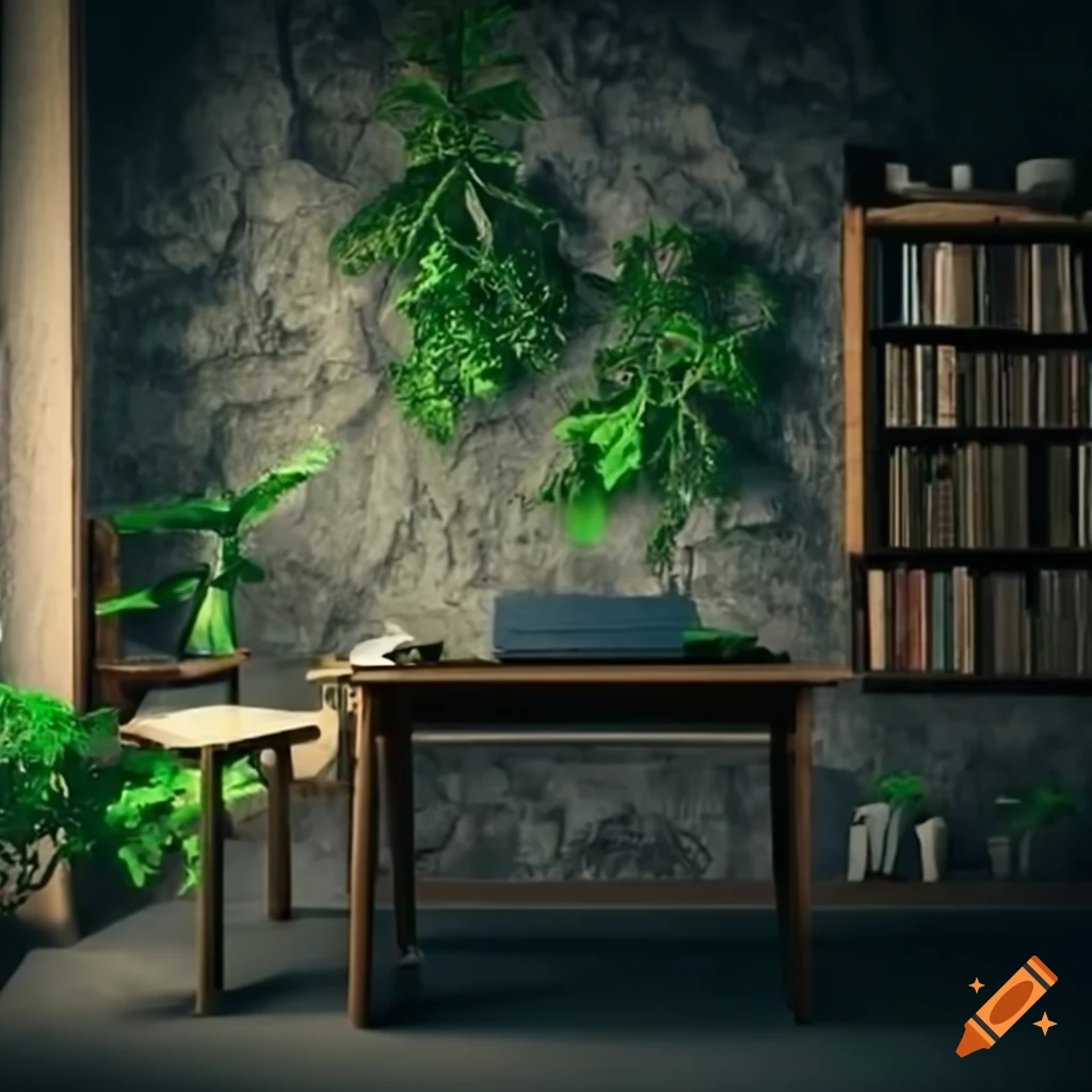 Office with desk, armchair, bookshelf in a cave with a green plant on ...