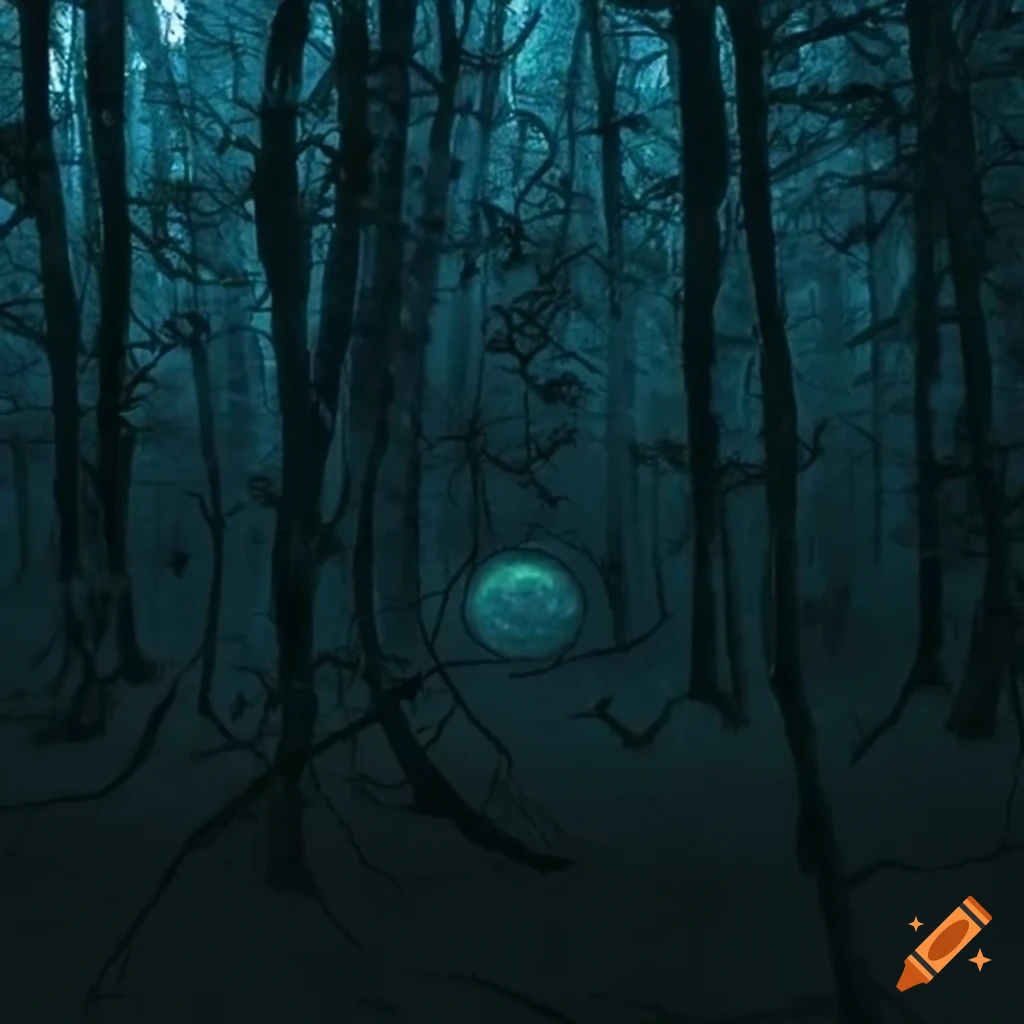 Eerie forest with a cosmic horror entity floating among the trees at ...