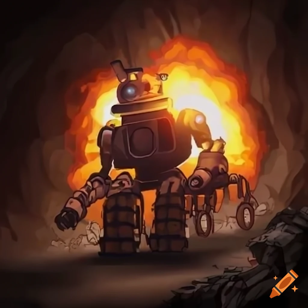 Robot with 4 wheels mining in a cave with explosion in the background ...