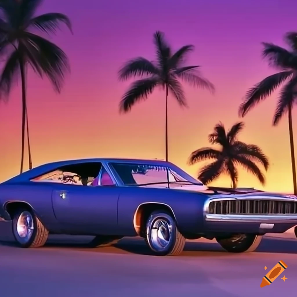 1970 dodge charger r/t in front of a miami sunset with palm trees on ...
