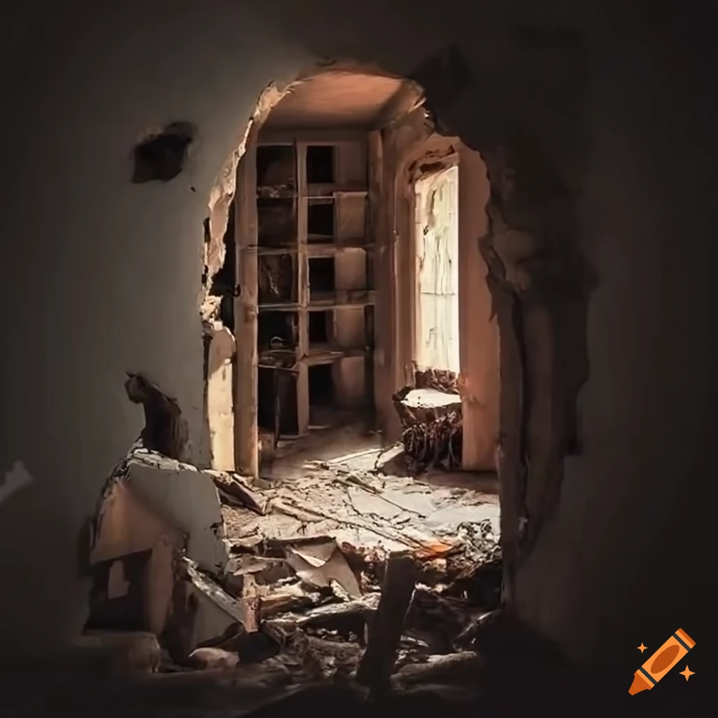 Post-apocalyptic destroyed living room inside an ancient greek building ...