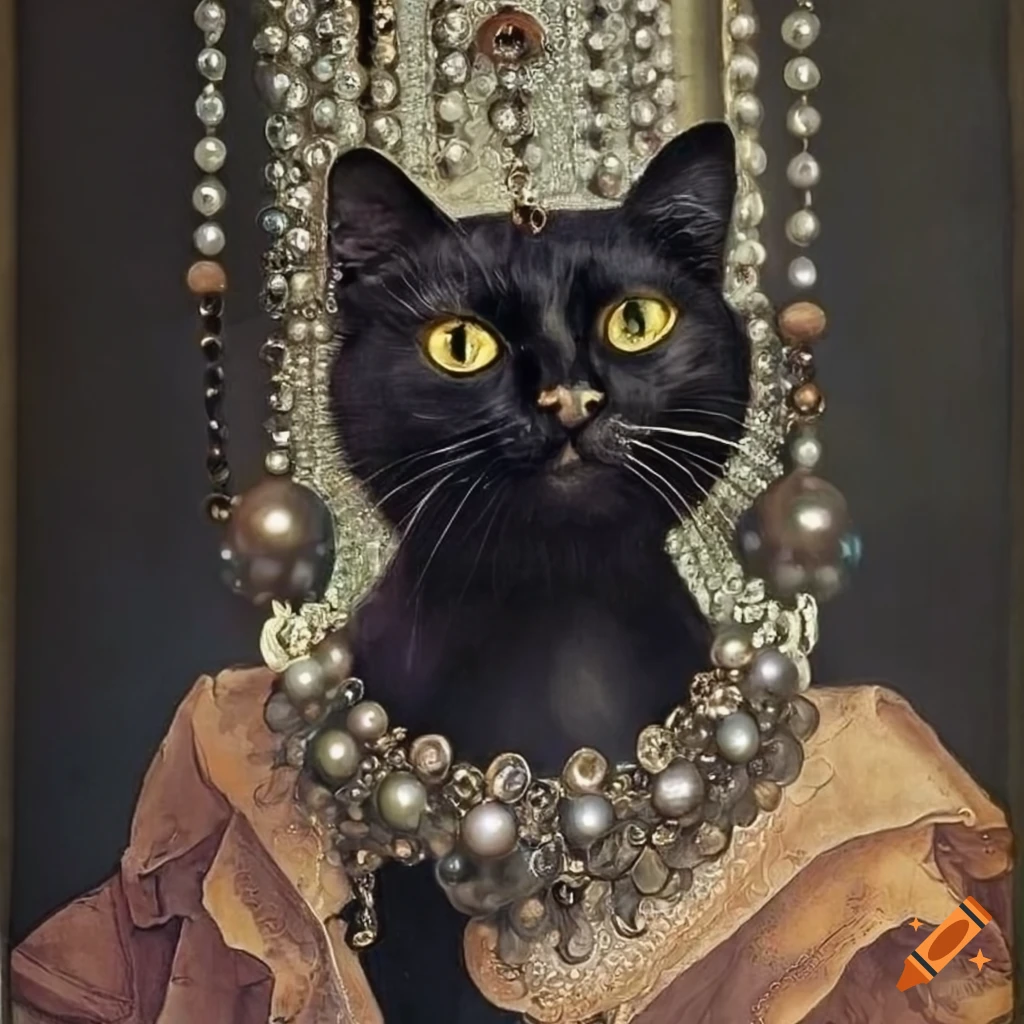 Portrait of black cat with jewelry and pearls in the style of Albrecht ...