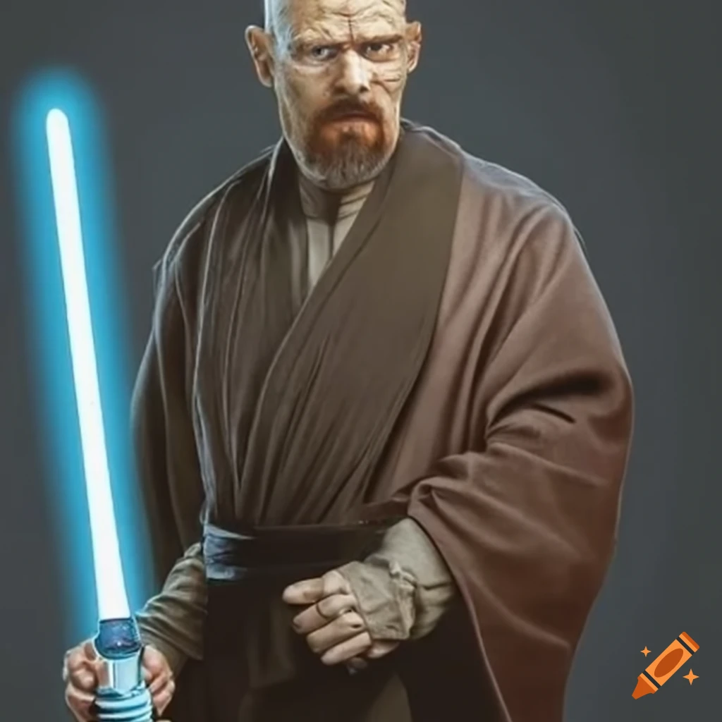 Cosplay of Walter White as a Jedi Knight with a blue lightsaber on Craiyon