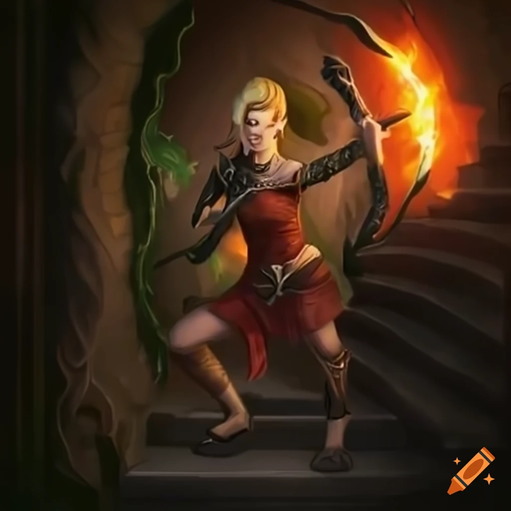 Elf archer aiming flaming arrow at a leafy staircase on Craiyon