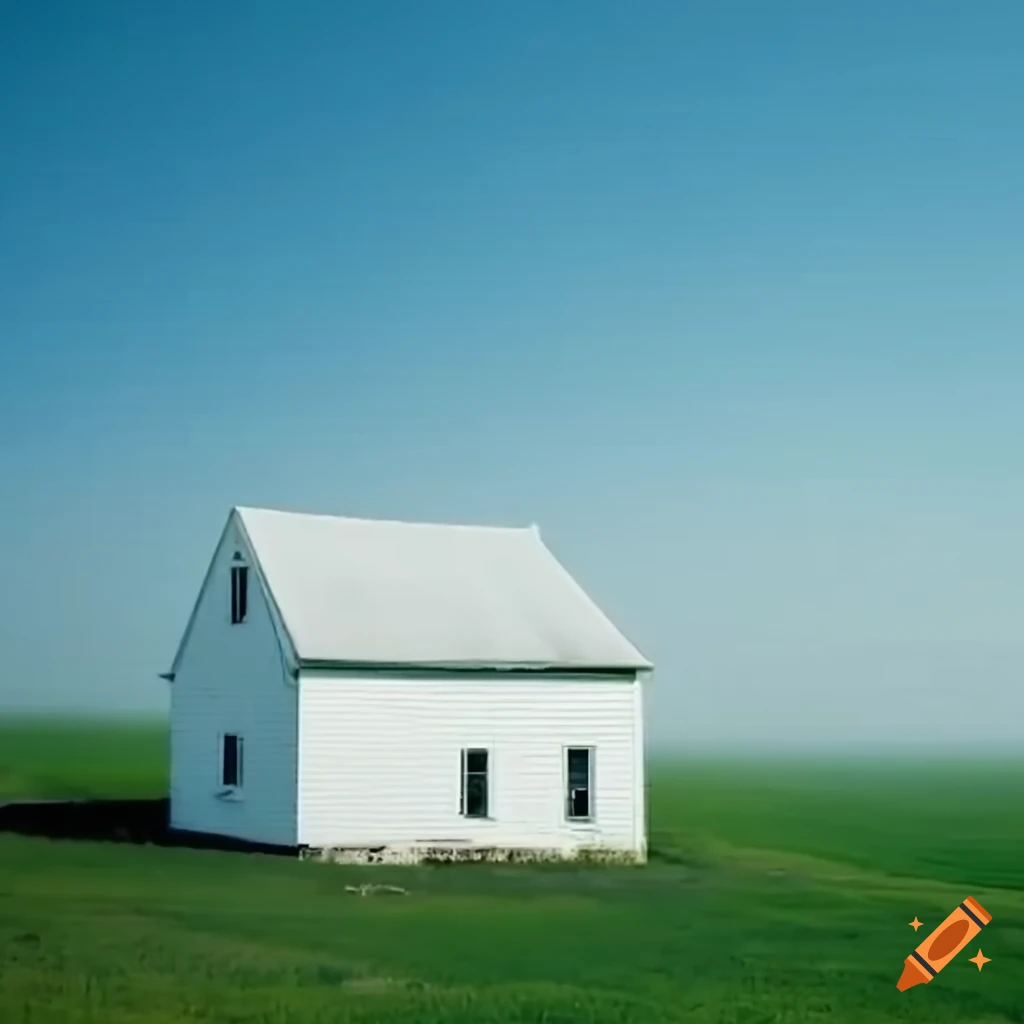 Lonely white house in expansive empty landscape under a spring sky on ...