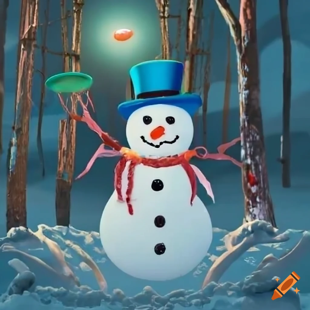 Snowman playing disc golf in the snow on Craiyon
