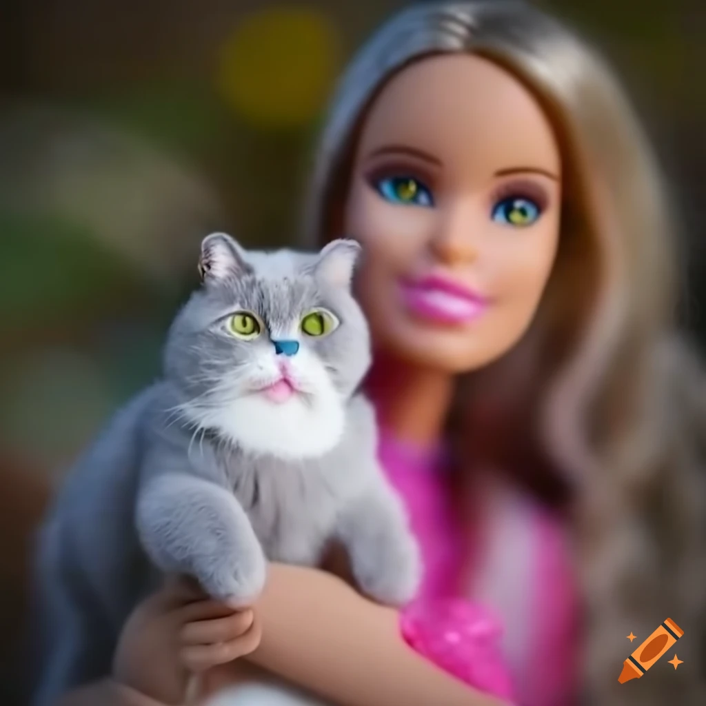 Barbie holding a fluffy grey cat with a white face and a pink nose on ...