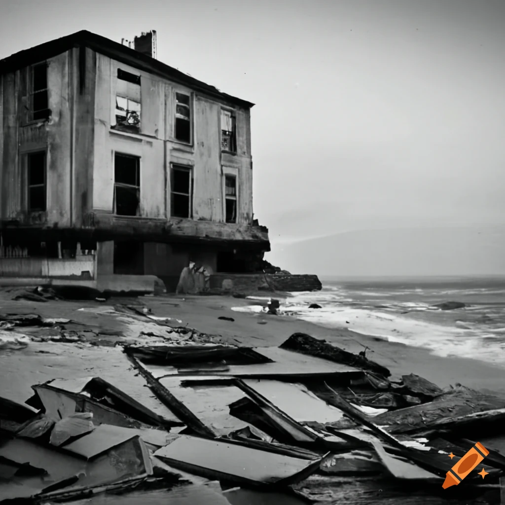 1930s black and white art of broken buildings and homes crashing into ...