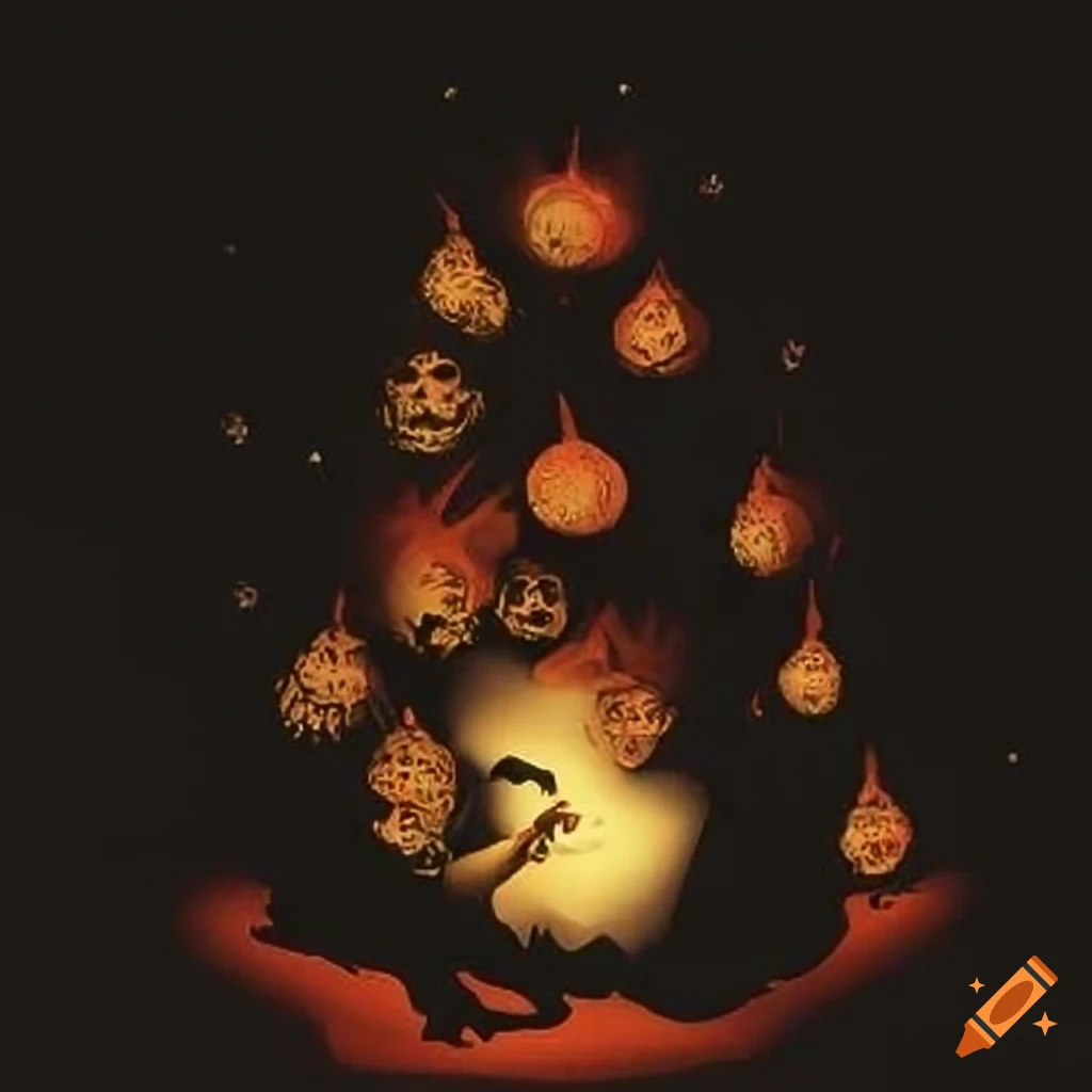 Three witches dancing around a winter christmas tree with warm electric ...