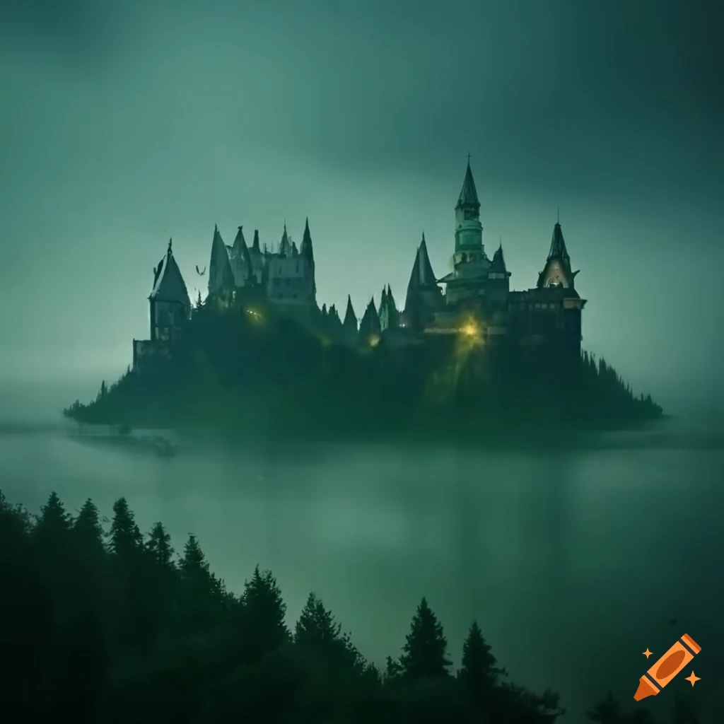 Floating castles in a misty morning with forest green and mountains in ...