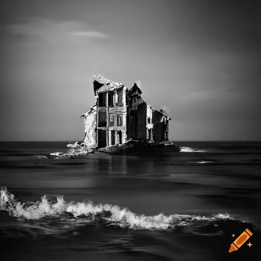 1930s black and white art of broken buildings and homes crashing into ...