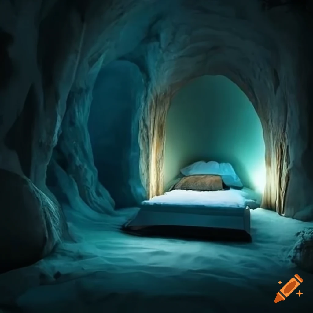 Serene cave with a furnished room and a big bed on Craiyon